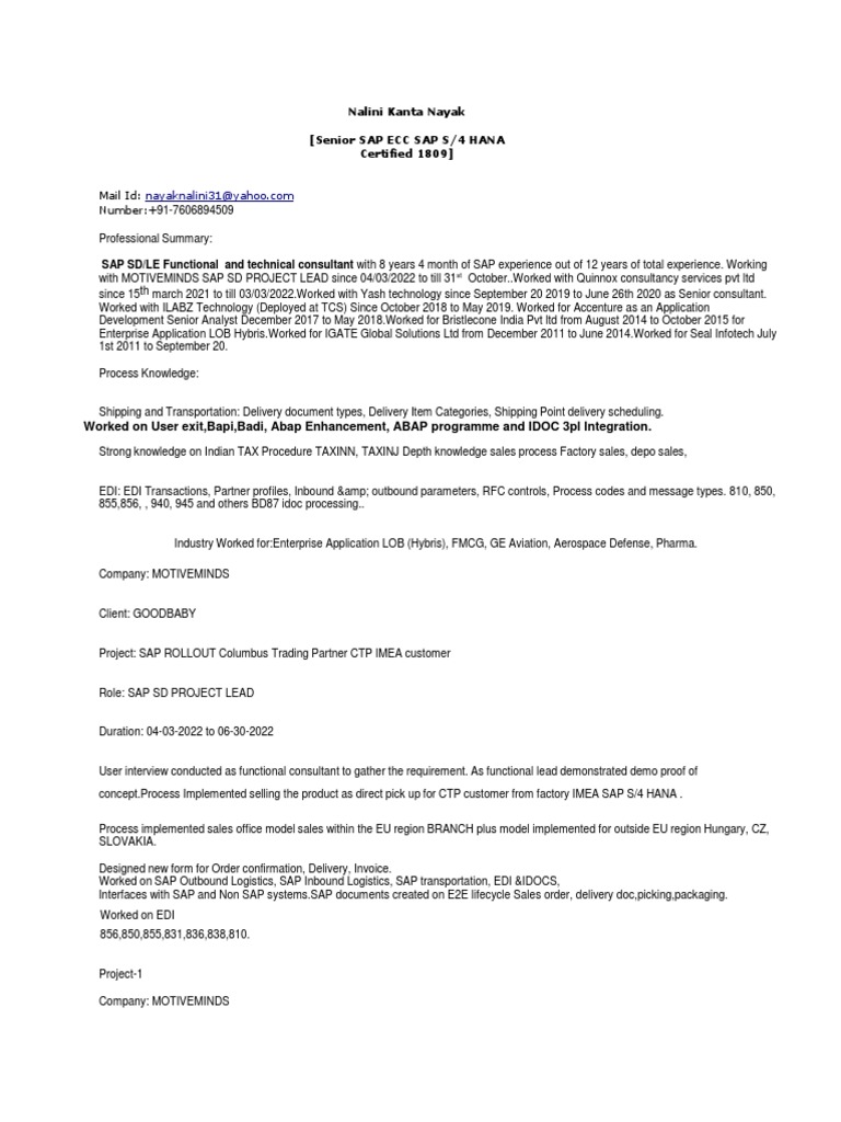 Check SAP RESUME NALNI - 12 | PDF | Electronic Data Interchange | Sales