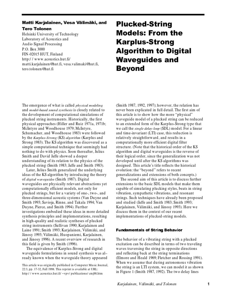 Plucked String Models FromtheKarplus StrongAlgorithmtoDigitalWG&Beyond | PDF | Filter (Signal ...