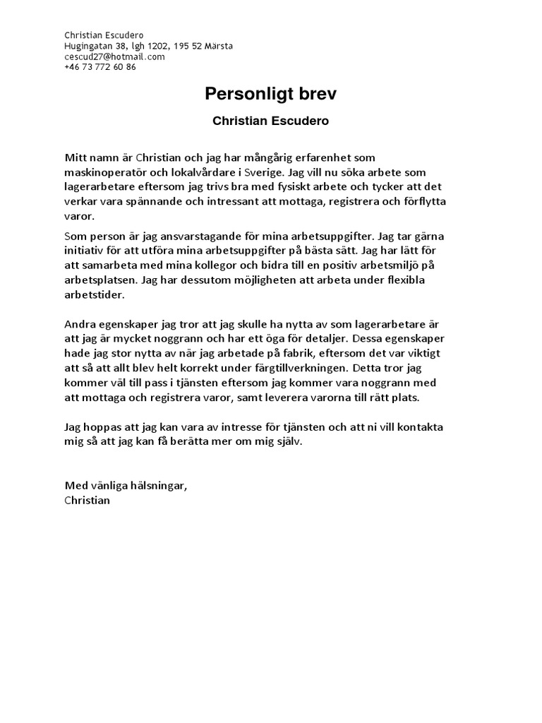 Lagerarbetare Personligt Brev Christian Escudero | PDF