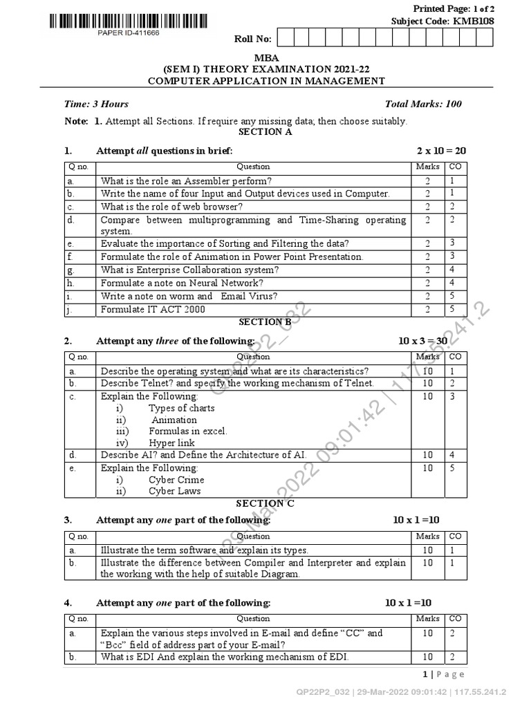 MBA Computer Applications Exam Paper | PDF | Computer Science ...