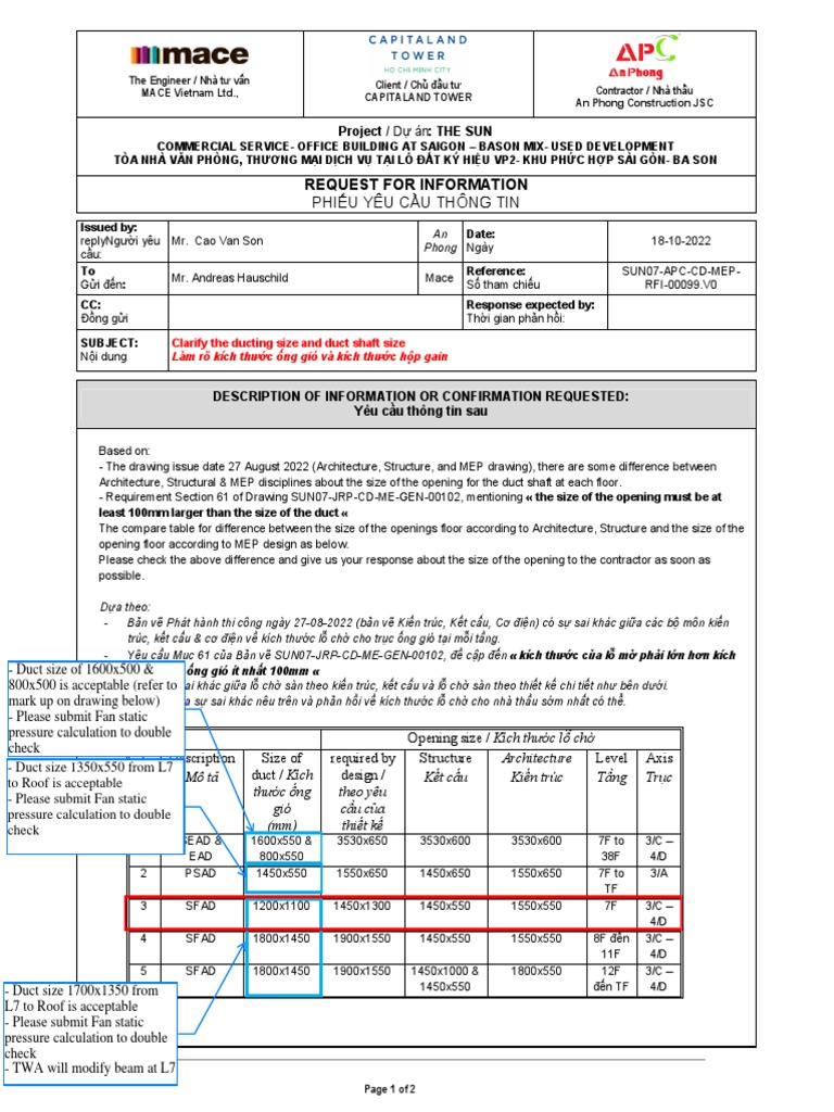 SUN07-APC-CD-MEP-RFI-00099.V0 - JRP's Clarify Duct Shaft Sizing | PDF