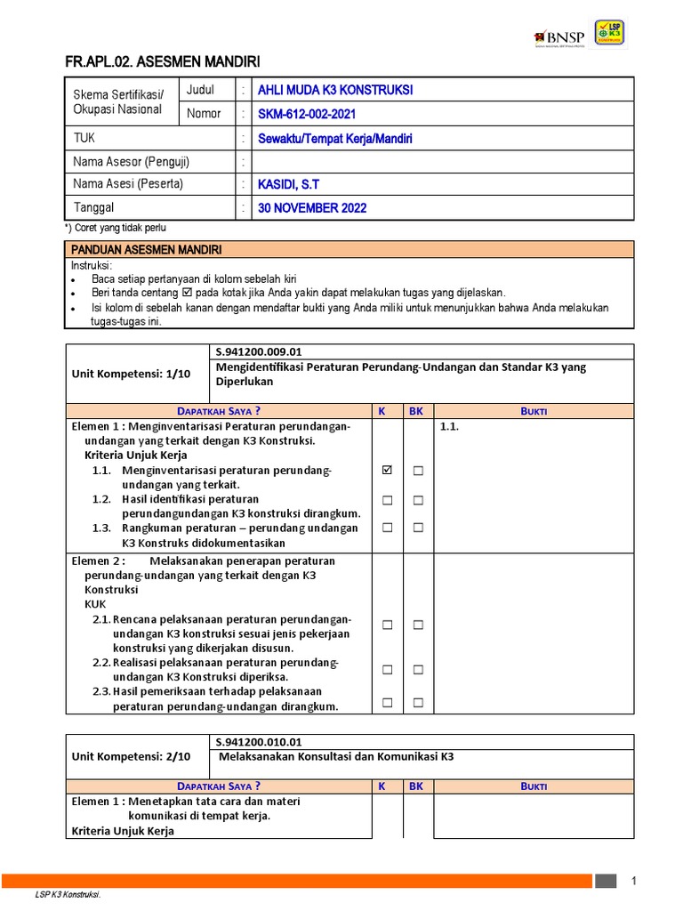 02 - FR - Apl.02 Asesmen Mandiri A Muda K3K | PDF