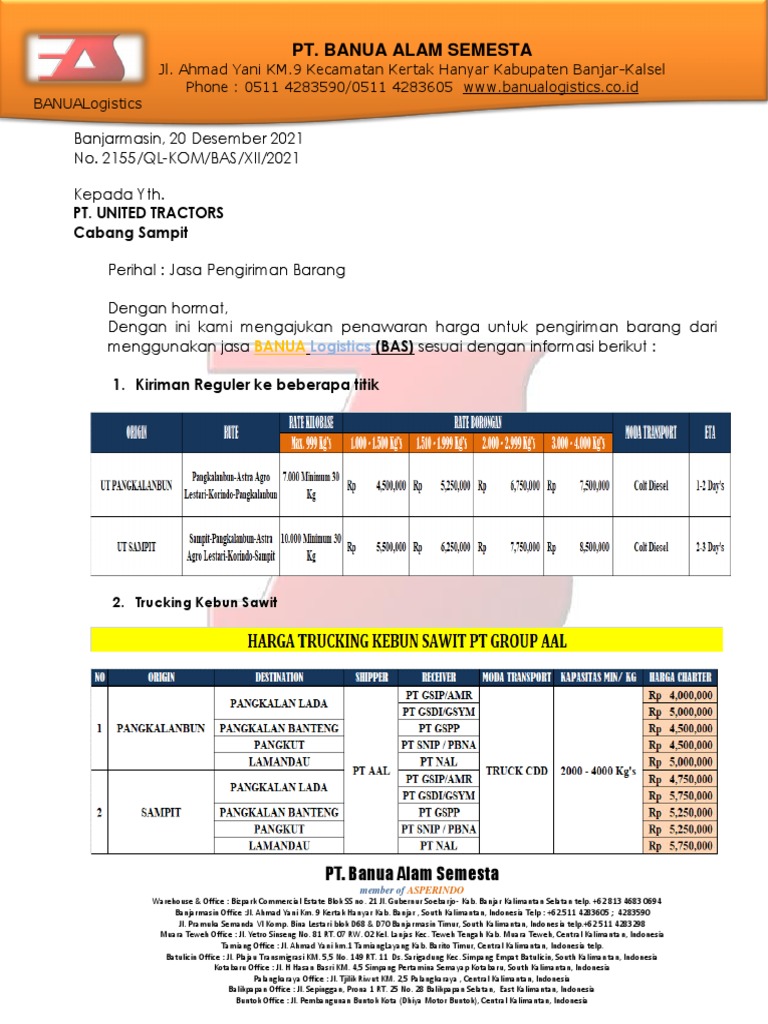 QUOTATION No. 2155 Quotation Pengiriman Barang PT. United Tractors ...