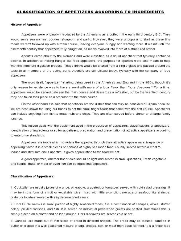 Classification of Appetizers According To Ingredients | PDF | Hors D ...