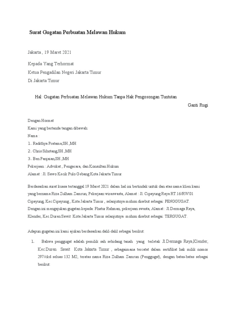 Surat Gugatan Perbuatan Melawan Hukum Perdata | PDF