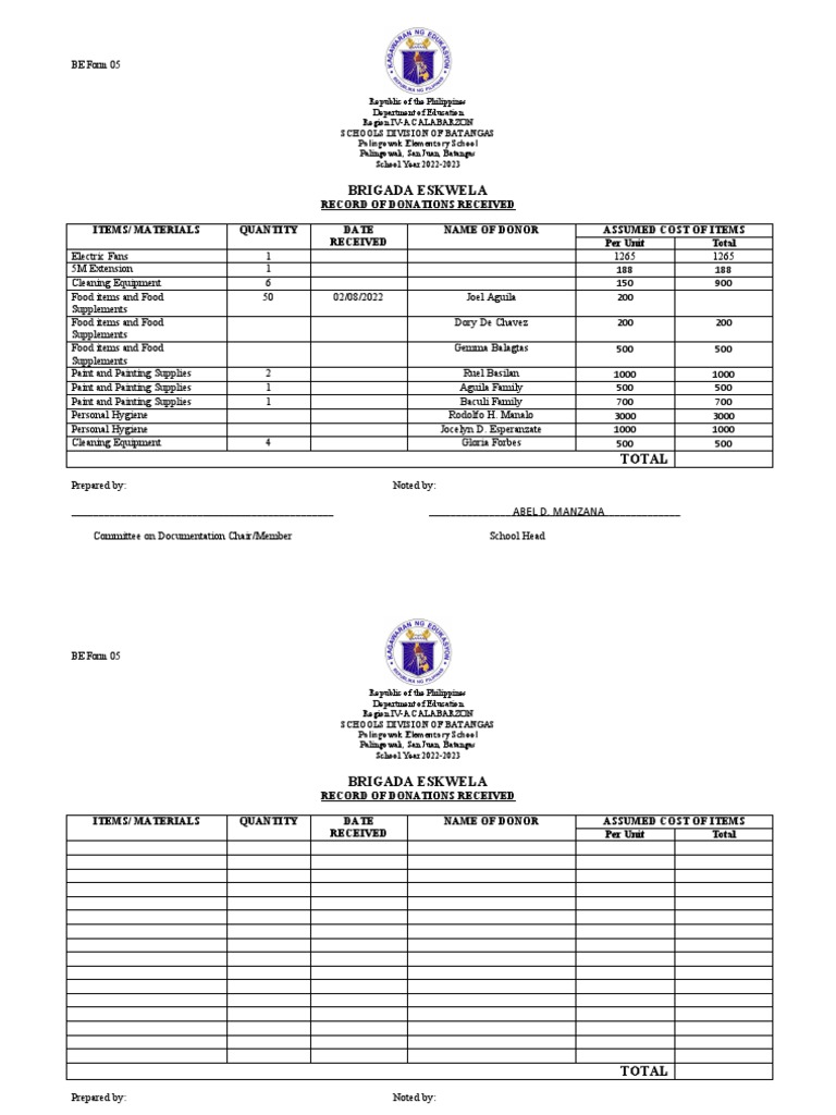 BE Form 5 RECORD OF DONATIONS RECEIVED | PDF