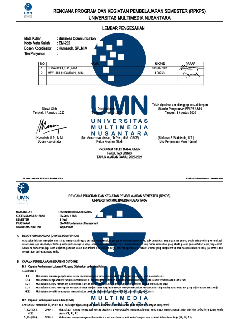 RPKPS EM202 Business Communication 2020-2021 Revisicsd | PDF | Bisnis