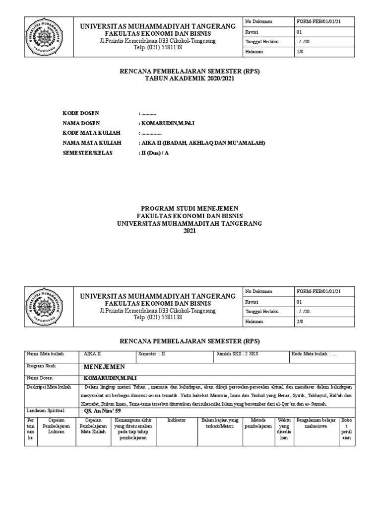 Rps Aika II Terbaru 2021 Untuk Feb Umt | PDF