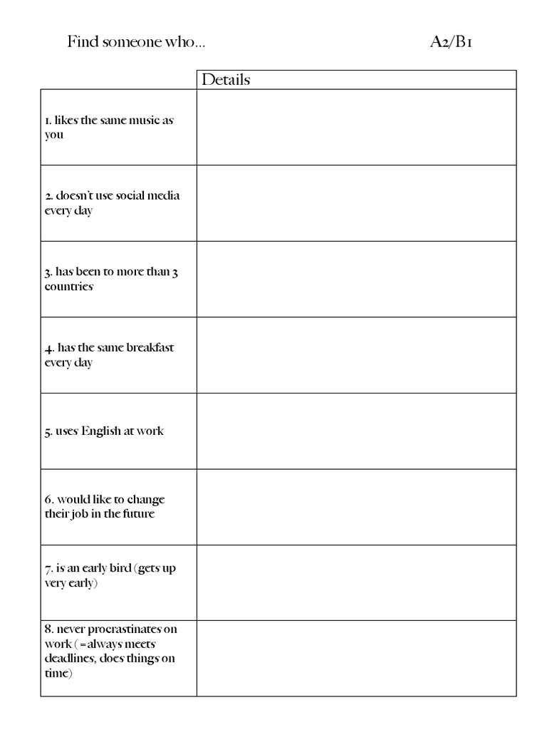 Find Someone Who A2.B1 Business | PDF