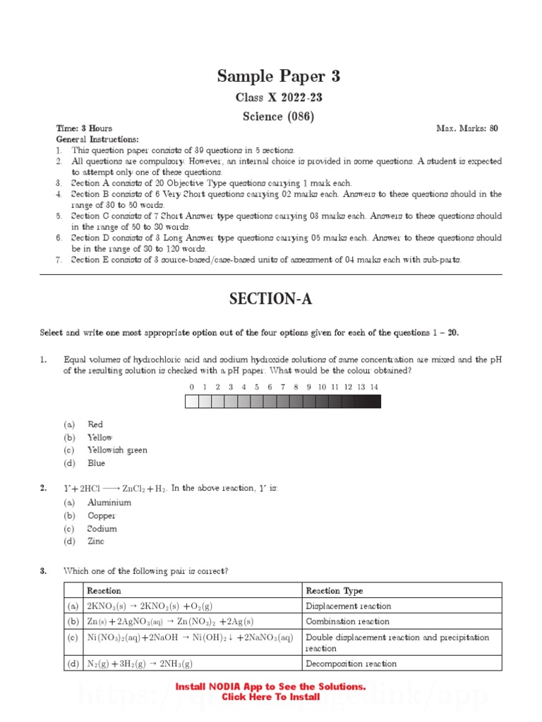 Sample Paper 3: A Practice Test for Class 10 Science Exam | PDF ...