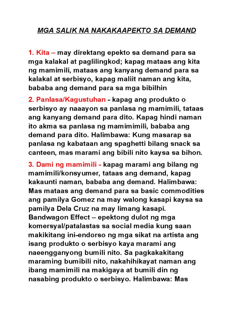 Mga Salik Na Nakakaapekto Sa Demand Teksto | PDF