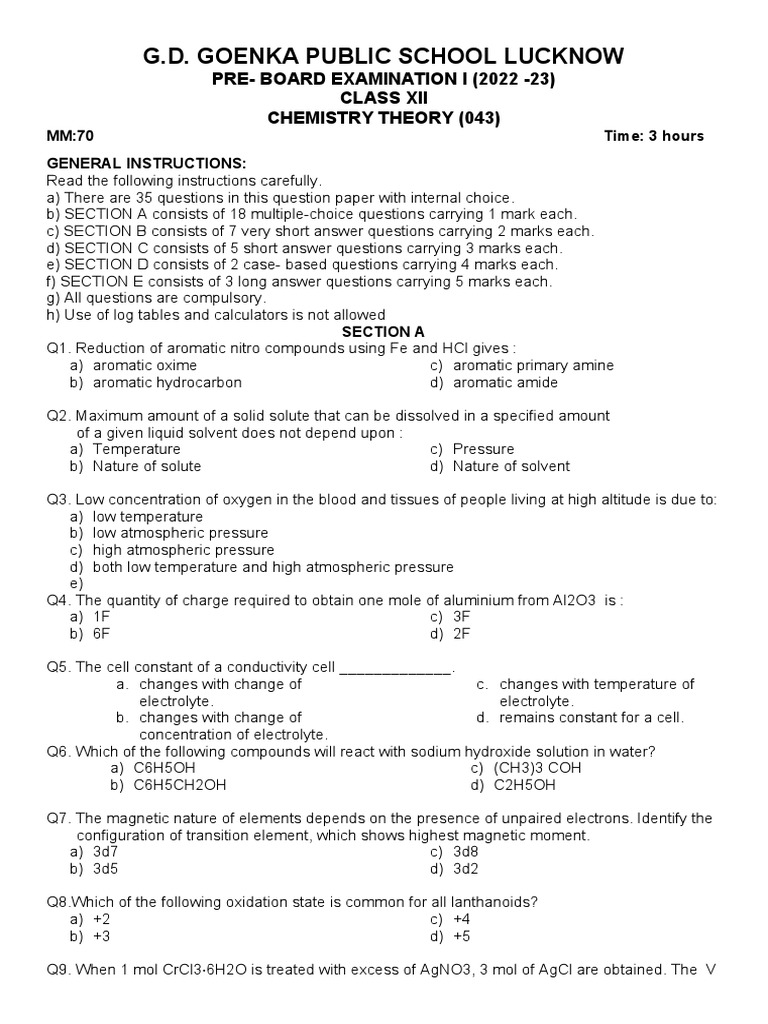 Chemistry QP - PB Xii | PDF | Chemical Reactions | Solvent Chemistry QP - PB Xii | PDF | Chemical Reactions | Solvent