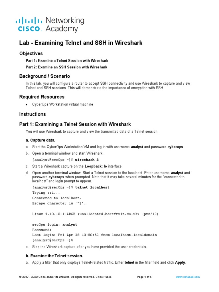 21.2.12 Lab - Examining Telnet and SSH in Wireshark | PDF | Transmission Control Protocol | Data ...