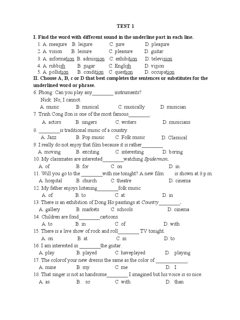 Test 1 I. Find The Word With Different Sound in The Underline Part in ...