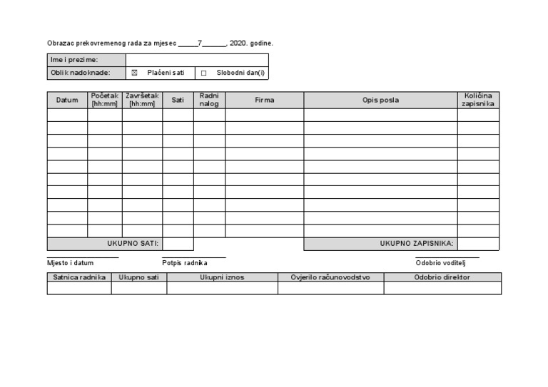 Obrazac Za Prekovremene Sate | PDF