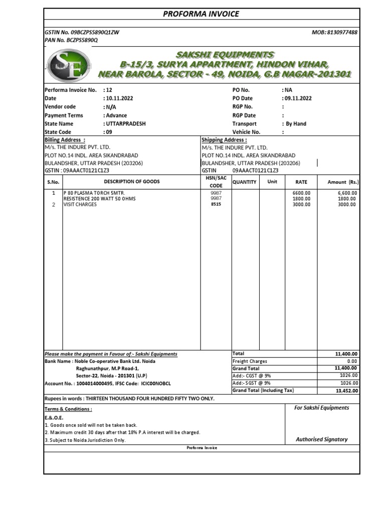 Proposed Equipment Purchase and Service Charges for The Indure Pvt. Ltd ...