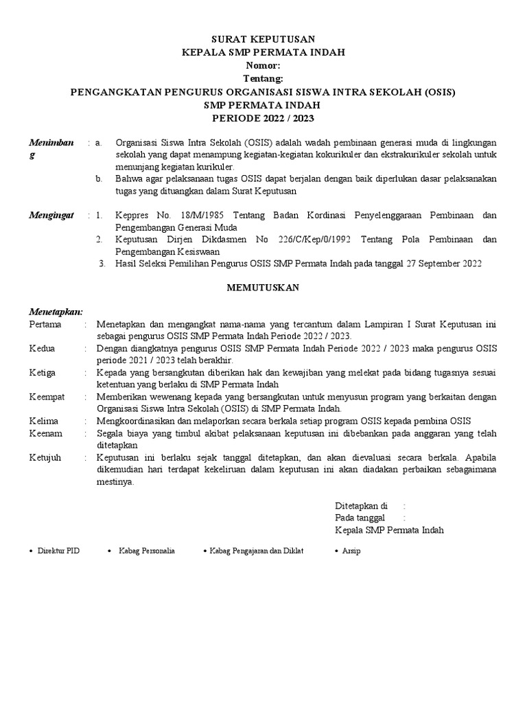 Contoh SK Pengurus Osis | PDF
