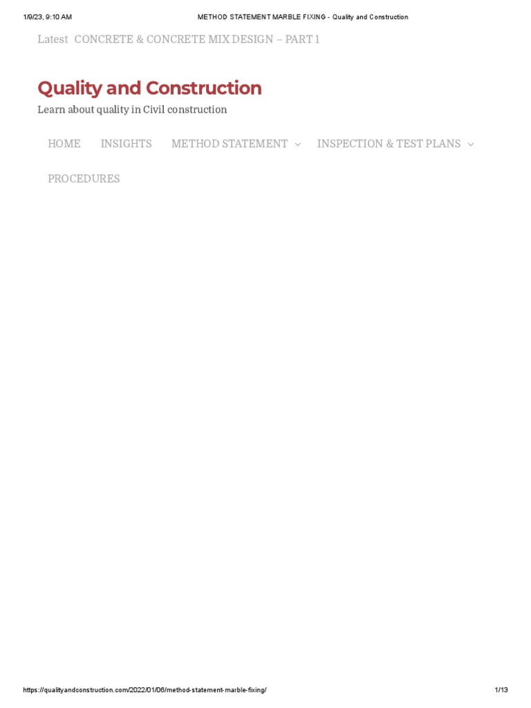 Method Statement Marble Fixing - Quality and Construction | PDF | Concrete | Building Materials