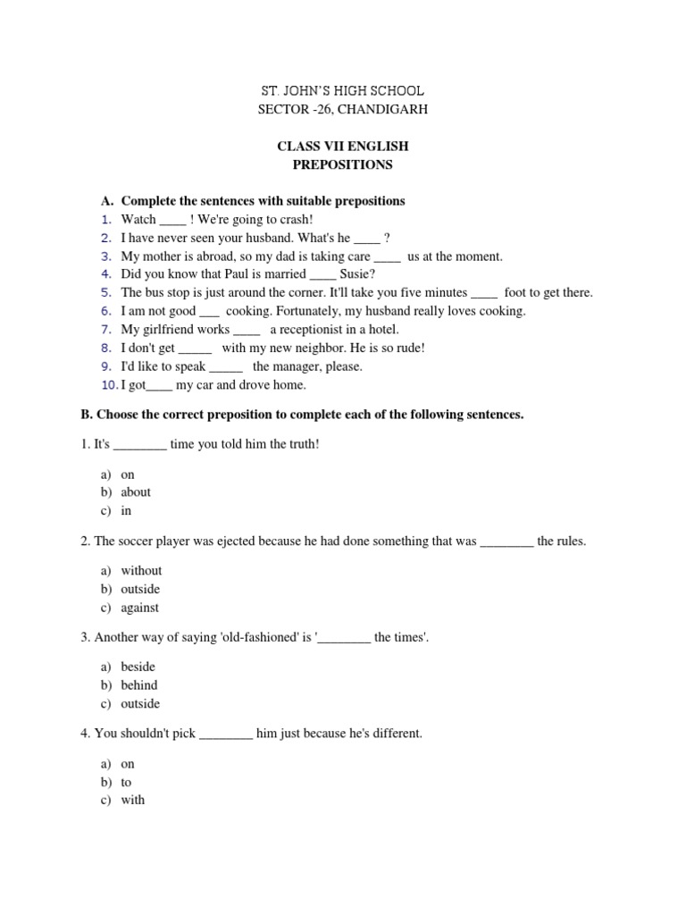 Grade 7 Prepositions Worksheet | PDF | Language Arts & Discipline