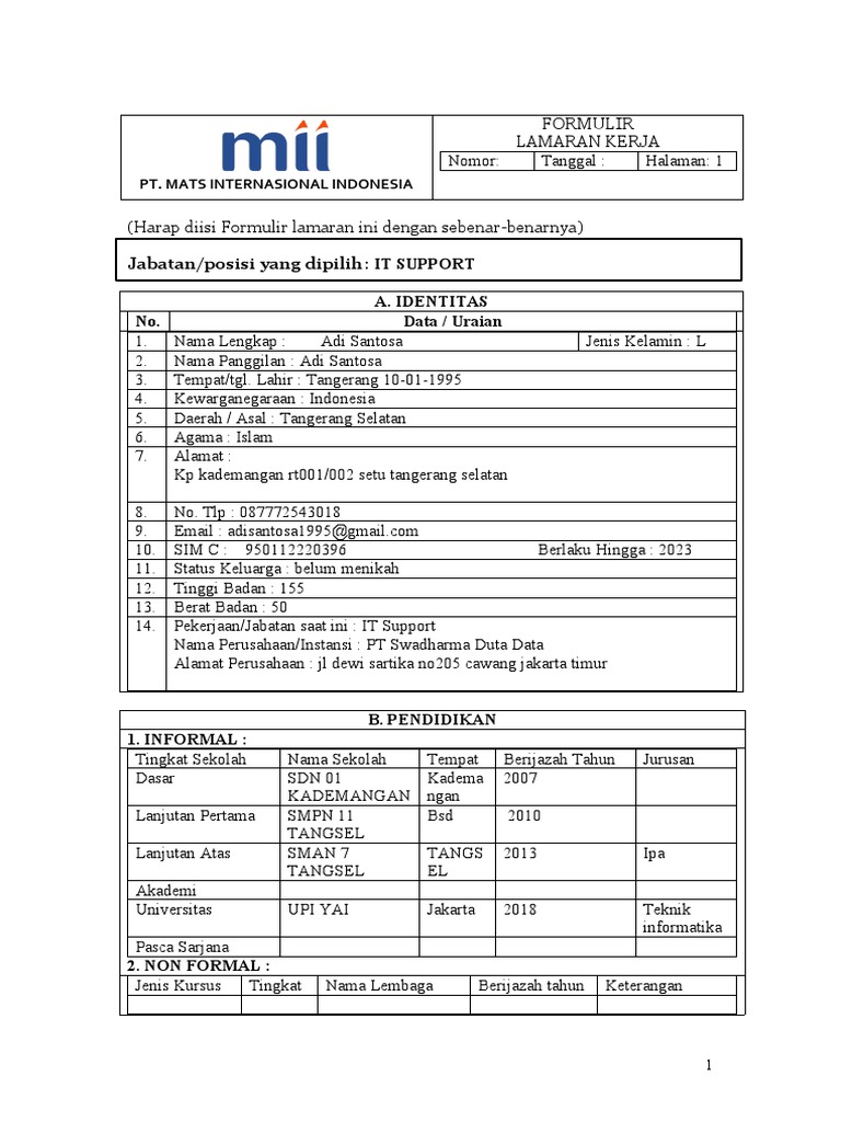 Form Lamaran Kerja Pt. Mii | PDF