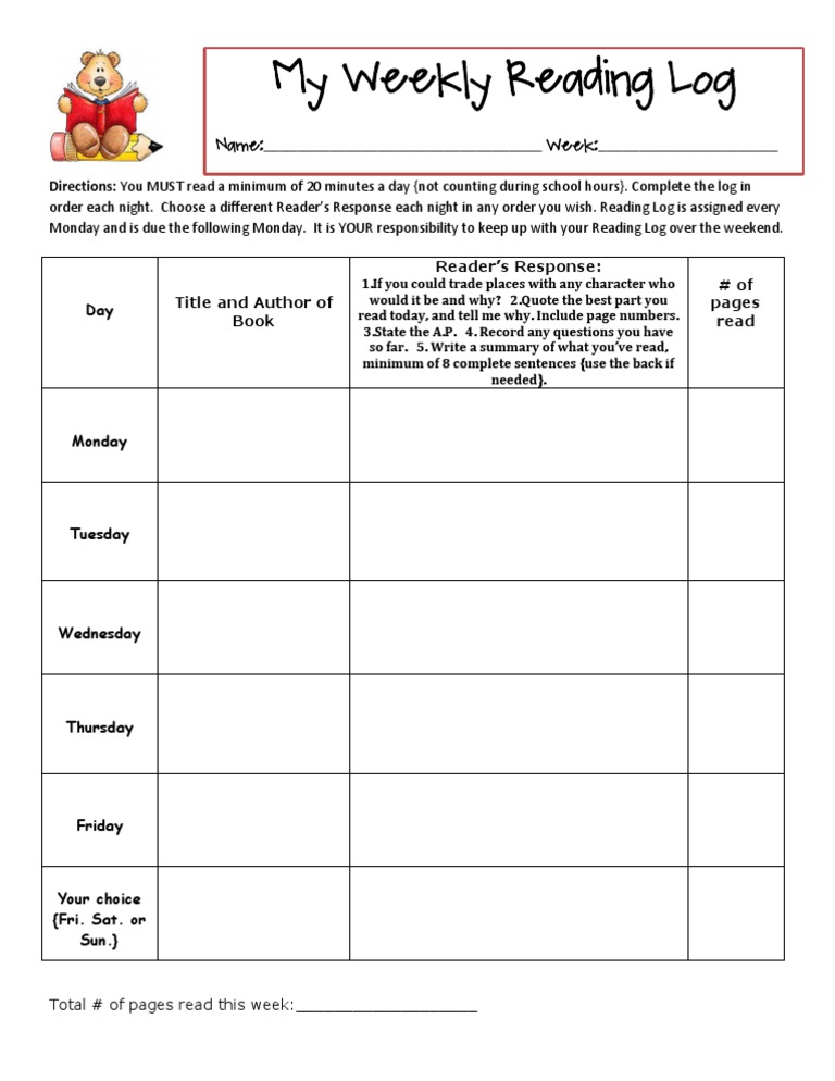 Weekly Reading Log with Responses | PDF