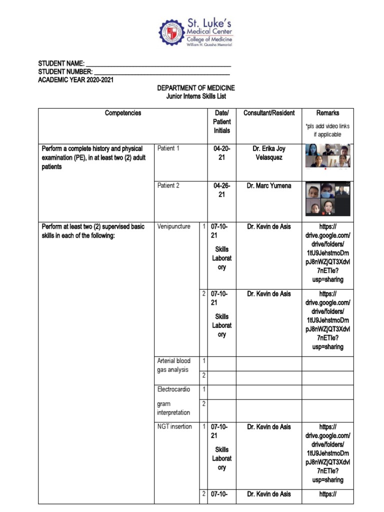 Junior Intern Skills List: Document Tracking a Medical Student's ...