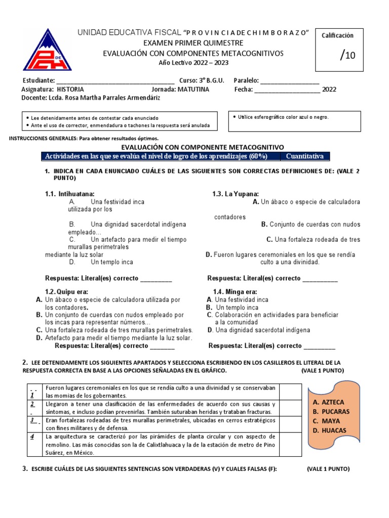 Examen - Hist 3ero 1er Q. | PDF | Pueblos Indígenas de las Américas | Cultura de las Americas