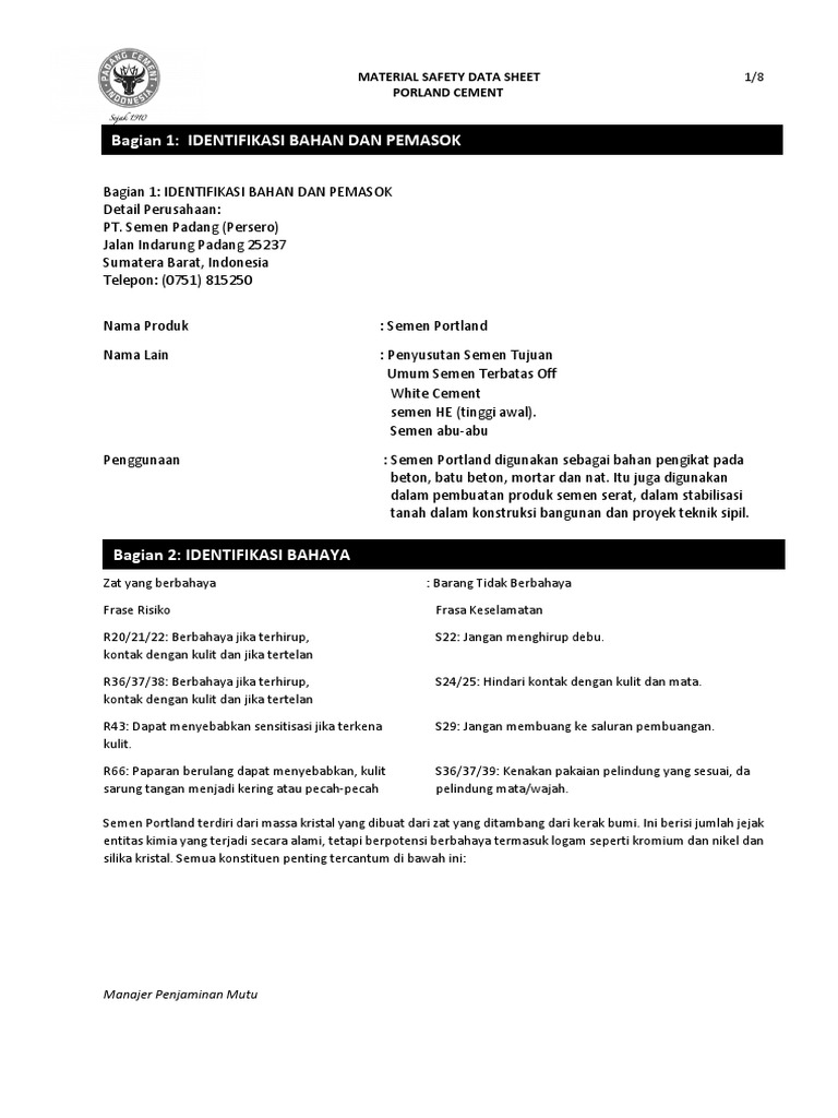 MSDS Semen Padang B.Ido - 101804 | PDF