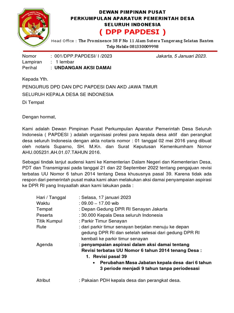 Undangan Aksi Damai DPD Papdesi Jatim | PDF