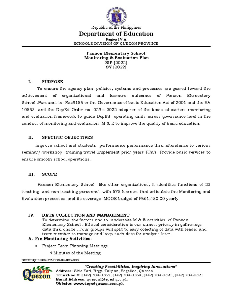 School ME Plan Template With Guide PES Autosaved | PDF | Evaluation ...