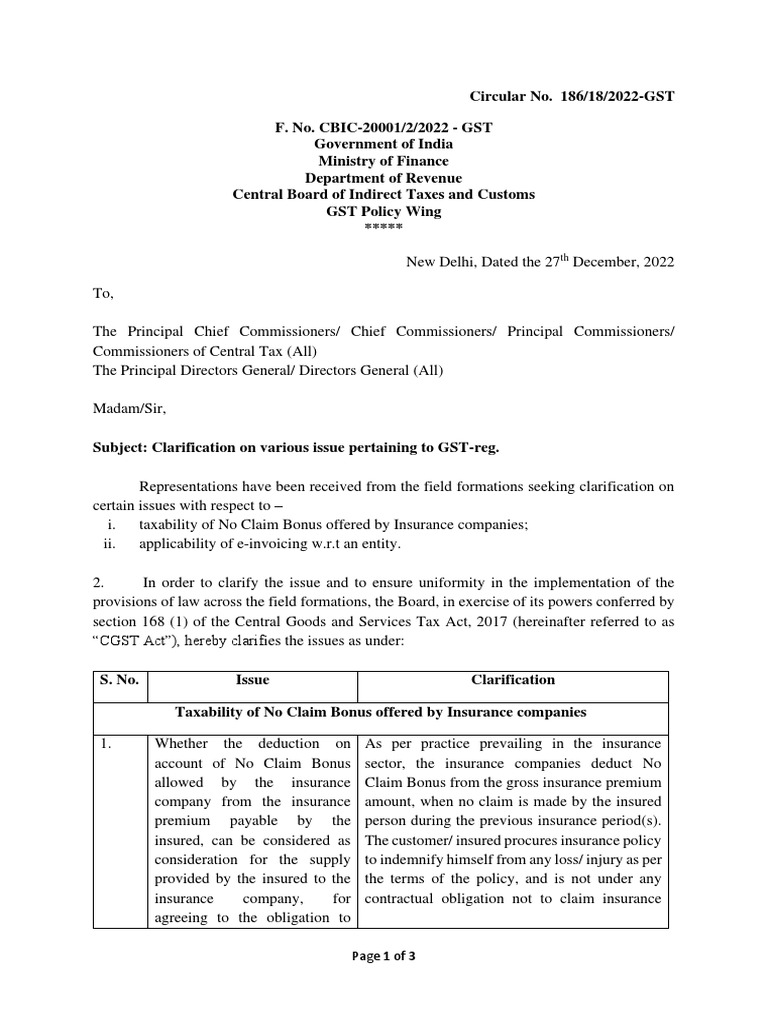Circular 186 18 2022 CGST | PDF | Insurance | Taxes