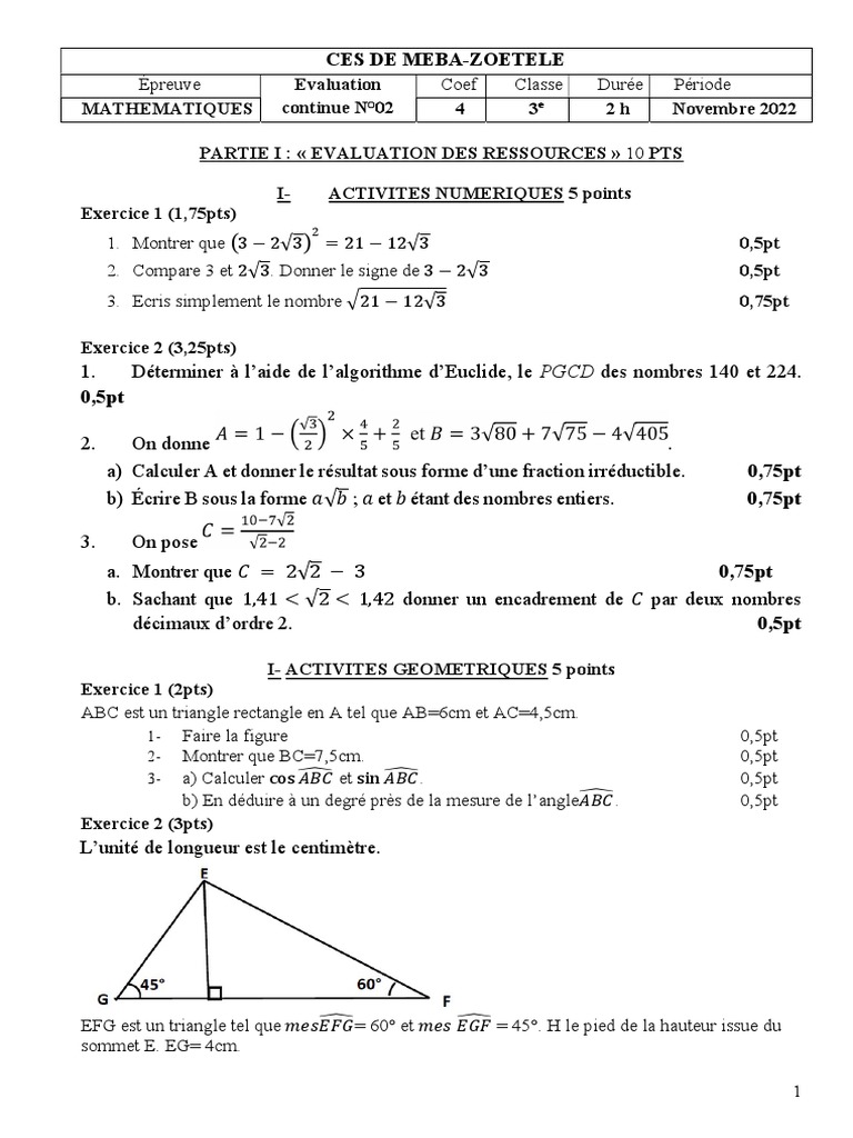 Évaluation Mathématiques 3e - Novembre 2022 | PDF | Mathématiques ...