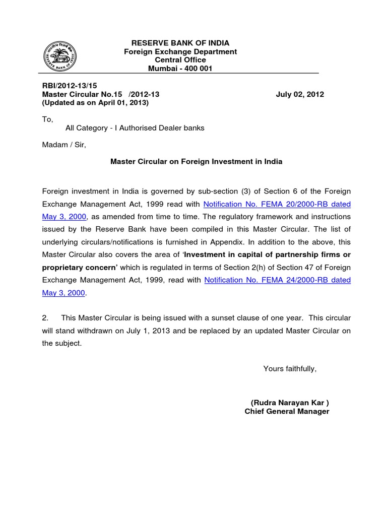 Master Circular on FDI in India | PDF | Reserve Bank Of India | Stocks