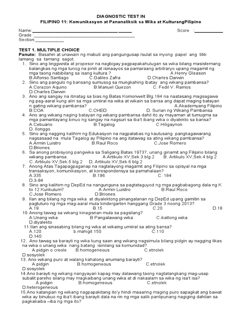 Komunikasyon Diagnostic TOS ANSWERKEY | PDF