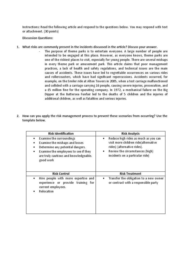 Discussion Questions: 1. What Risks Are Commonly Present in The ...