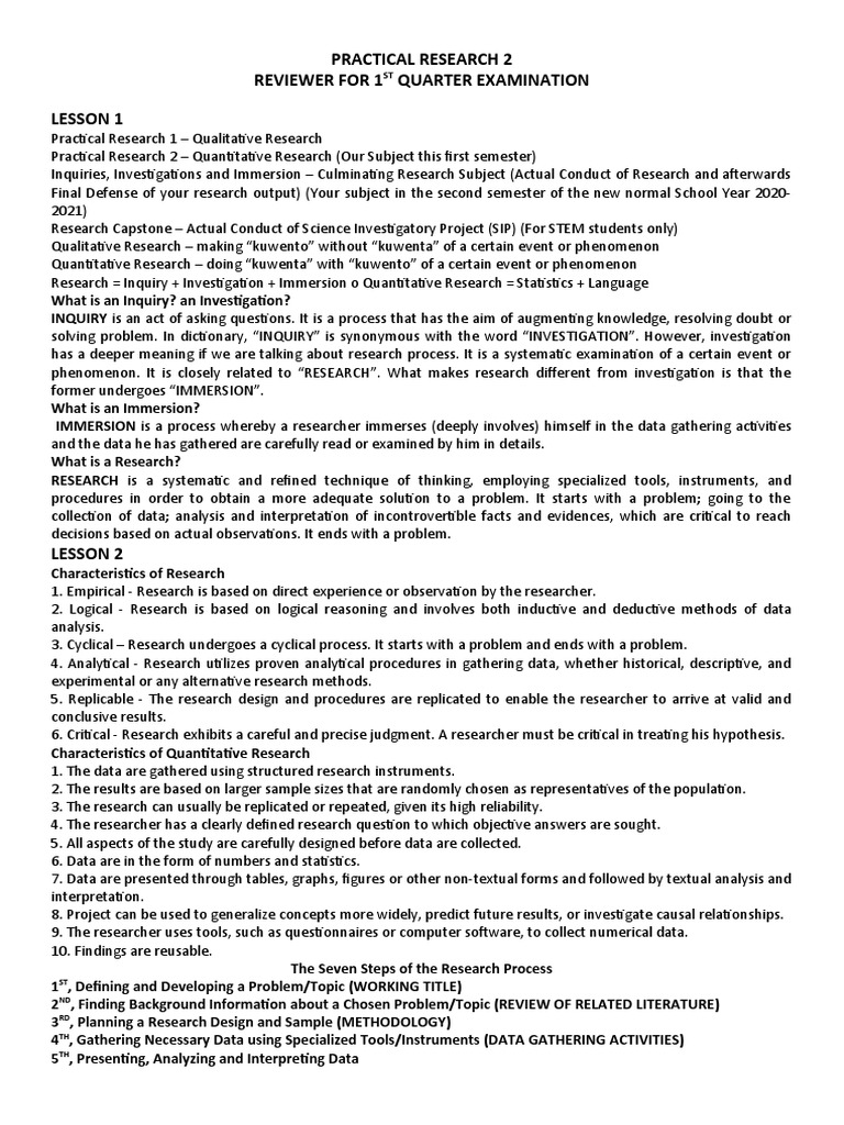 Reviewer For Practical Research 2 Q1 Exam | PDF | Quantitative Research | Statistics