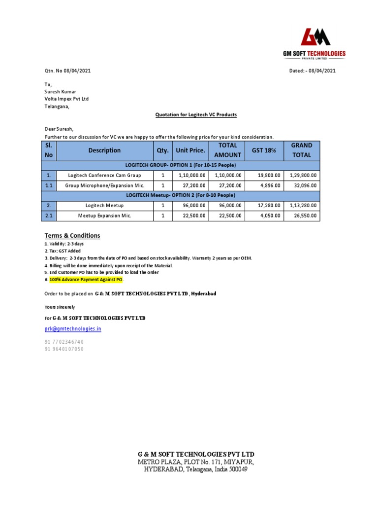 Quote For Volta Impex PVT LTD Logitech VC April 2021 | PDF