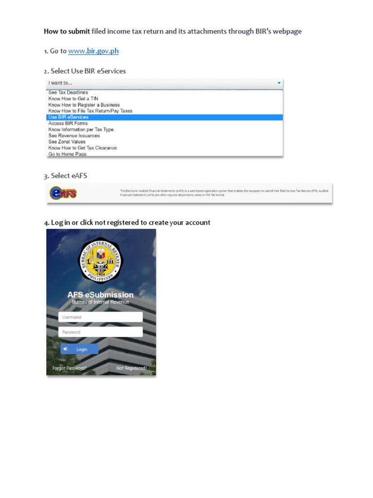 Submit Income Tax Return via BIR eAFS | PDF