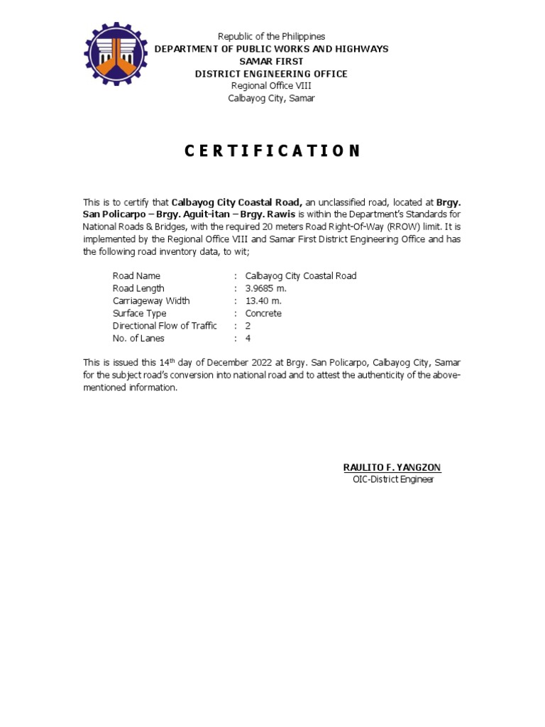 Certification: Raulito F. Yangzon OIC-District Engineer | PDF