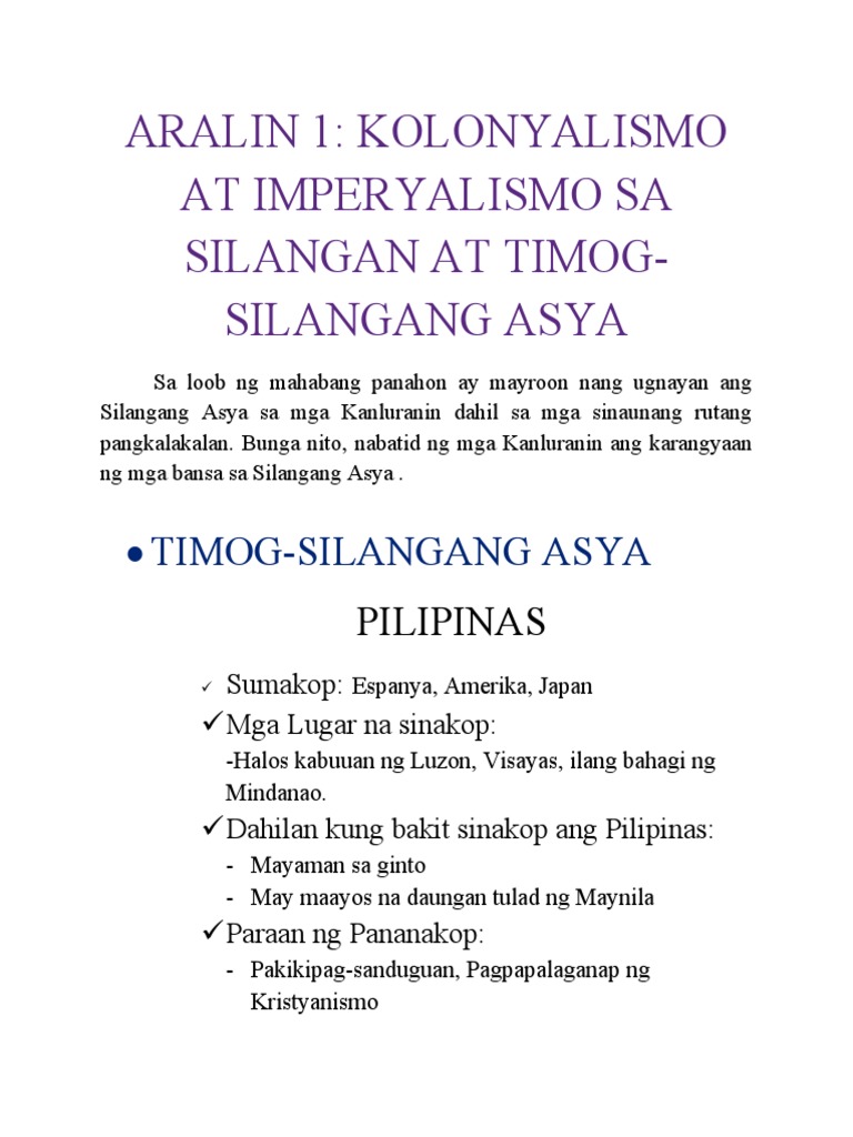 Aralin 1 Kolonyalismo at Imperyalismo Sa Silangan at Timog-Silangang Asya | PDF