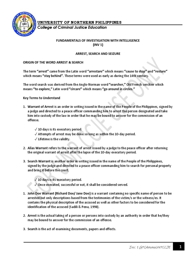 UNP Criminal Justice Fundamentals of Arrest, Search and Seizure | PDF ...