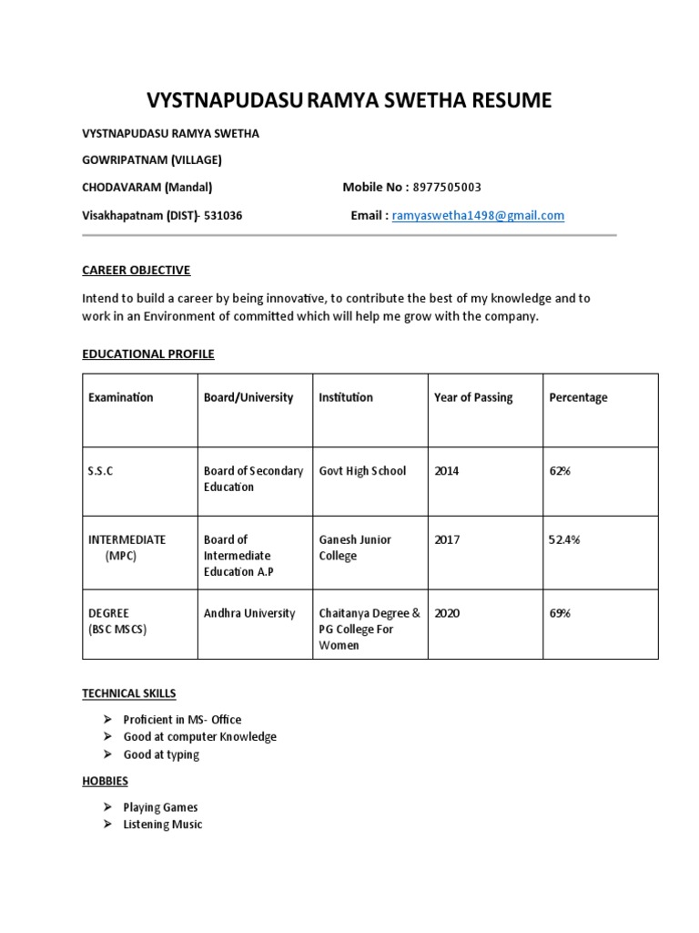 VYSTNAPUDASU RAMYA SWETHA RESUME | PDF