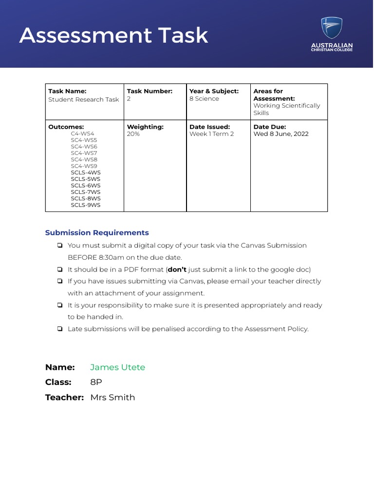 8 Science 2022 Assessment Task 2 SRP James U | PDF | Scientific Method ...