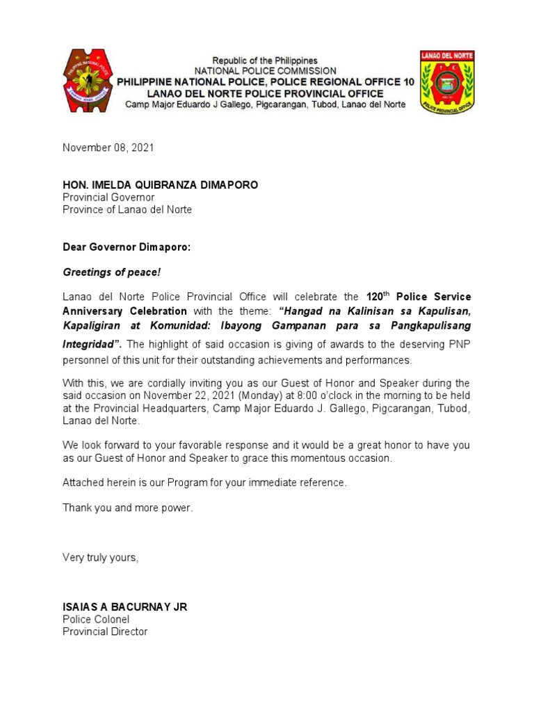 Invitation to Governor for Police Anniversary | PDF