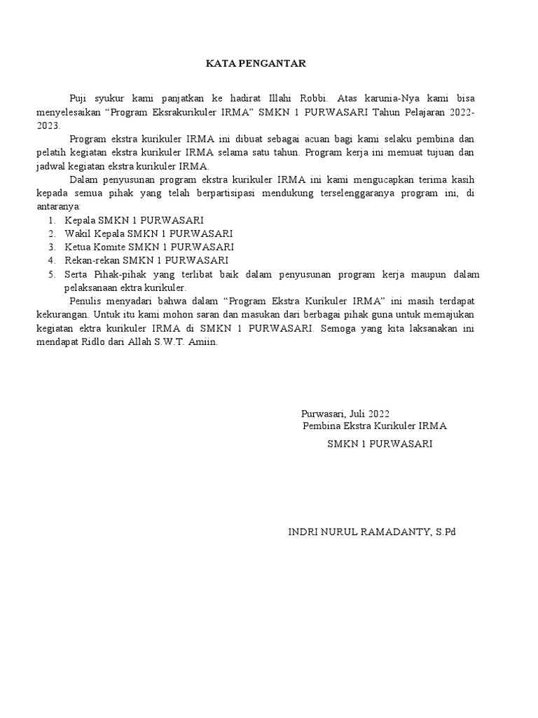 Program Kerja Ekstrakurikuler IRMA | PDF