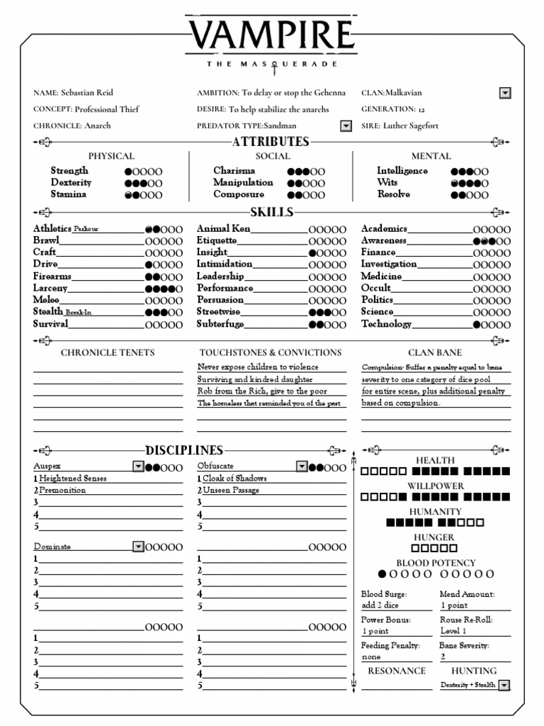 Vampire Character Sheet Template | PDF