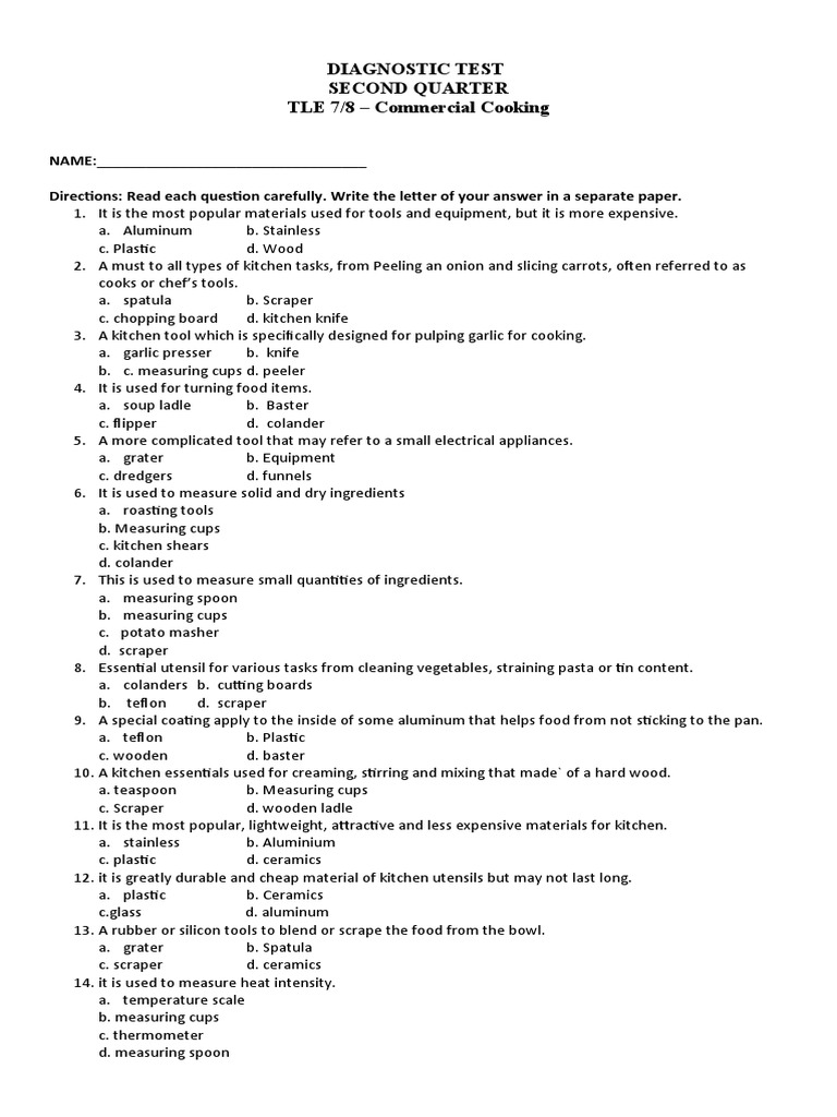 Diagnostic Test (Tle Commercial Cooking) | PDF | Tablespoon | Kitchen ...