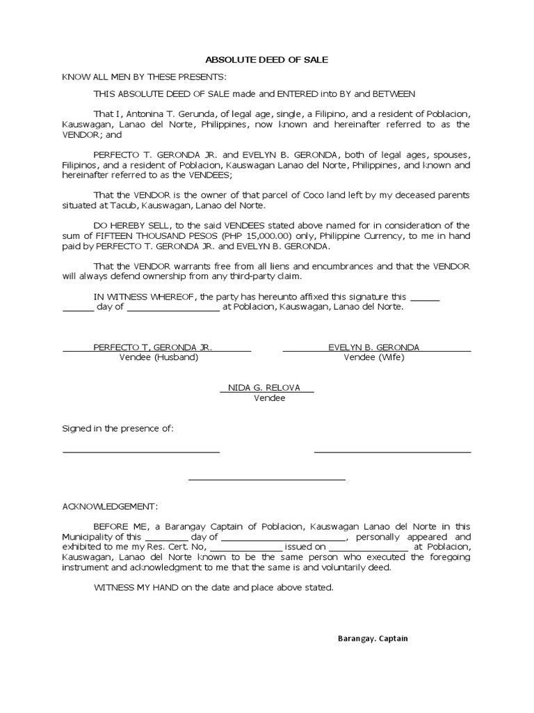 ABSOLUTE DEED OF SALE Coco Land | PDF | Philippines | Common Law ABSOLUTE DEED OF SALE Coco Land | PDF | Philippines | Common Law