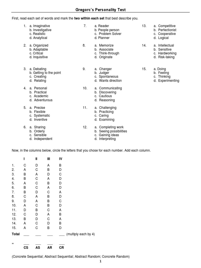Gregorc Personality Test Instructions | PDF | Cognition | Cognitive Science