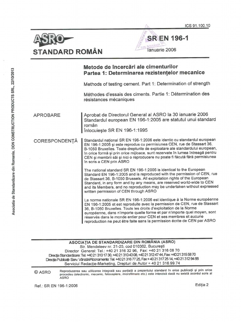 SR EN 196-1.2006 Metode de Incercare Ale Cimenturilor. Partea 1. Determinarea Rezistentelor ...